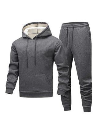 Generic Survêtement 2 pièces doublé Sherpa pour homme - Pull thermique à capuche et jogging - Survêtement dhiver chaud en polaire, gris foncé, XXL