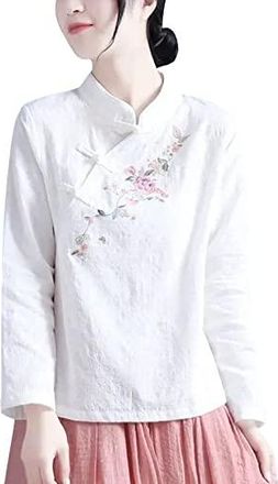 Generic Chemises Qipao brod&eacute;es pour femme - &Eacute;l&eacute;gantes &agrave; manches longues - Col mandarin - Boutons grenouille - Haut Cheongsam chinois oriental - V&ecirc;tements trad