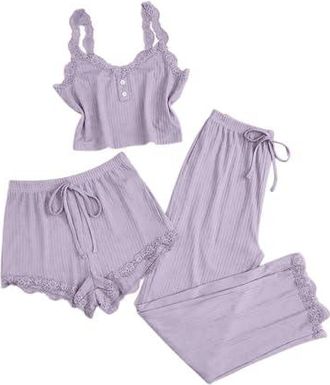 Minetom Ensemble de Pyjama Femme 3 Pi&egrave;ces &Eacute;t&eacute; sans Manches D&eacute;bardeur et Pantalon et Short Dentelle V&ecirc;tements de Nuit A Violet XS