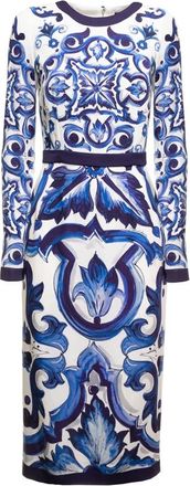 Dolce & Gabbana Femme, Robes, Bleu, Taille: 36 FR Robe Midi Charmeuse Imprim&eacute; Majolica
