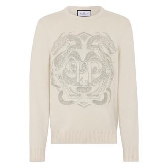 Philipp Plein Bestickter Merino-Wollpullover mit Rundhalsausschnitt Hexagon Dragon - - Knitwear - Herren - Beige - S