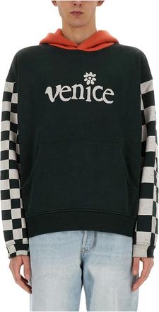 ERL Erl, Homme, Sweatshirts et sweats &agrave; capuche, Noir, Taille: M Venice Checker Sleeve Sweat &agrave; capuche Knit