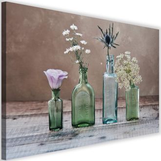 Feeby Leinwandbild XXL Blumen Wandbild Kunst Flaschen Komposition Gr&uuml;n 120x80 cm