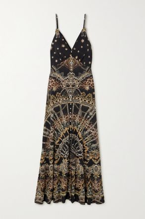 Camilla Maxikleid Aus Bedrucktem Seiden-cr&ecirc;pe Mit Kristallen - Schwarz