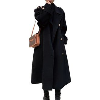 Generic Trench-coat dhiver crois&eacute; pour femme, mi-long, caban, revers crant&eacute;, veste longue, noir, taille S