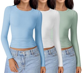 Ekouaer 3er Langarmshirt Damen Basic Top Thermoshirt Longseelve Slim Fit Rundhals Unterhemd Langarm Unterziehshirt, Hell Blau + Wei&szlig; + Hell Gr&uuml;n, XXL