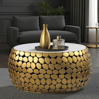 M&S Collection Table basse ronde galet 66x66x32 cm en marbre et aluminium dor&eacute;