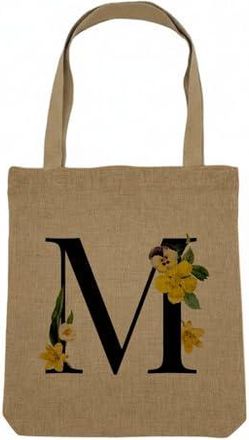 Fabulous Sac Shopping Tote Bag Aspect Lin - M Martine Margaux Mila Mia Lettre Alphabet Pr&eacute;nom Fleurs - Sac de Courses Toile Epaisse 360g Beige Naturel Cabas Po