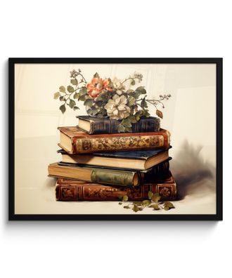 MuchoWow &copy; Wandbilder mit Rahmen 80x60 cm Wanddeko Bilder Wohnzimmer Moderne Zimmerdeko Geschenk Bilderrahmen Vintage - B&uuml;cher - Blumen - Wei&szlig;