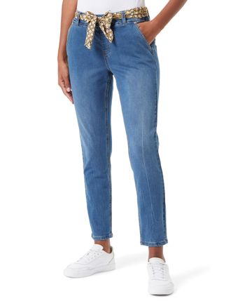 Cream Damen Womens Jeggings Denim Pants Skinny Fit Tying Belt Cropped Length Pockets Hose, Dark Blue Denim