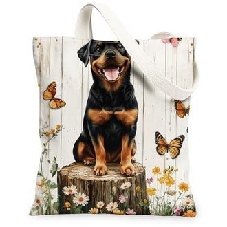 Generic Spring Rottweilers Sac fourre-tout en toile r&eacute;utilisable pour faire du shopping 33 x 38,1 cm, motif souche de bois floral, sac d&eacute;picerie r&eacute;utilisable 