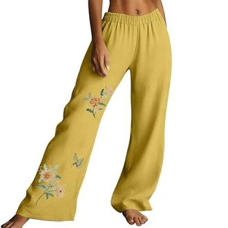 Generic Pantalon en lin d&eacute;contract&eacute; pour femme - Pantalon d&eacute;t&eacute; a&eacute;r&eacute; en coton et lin - Motif brod&eacute; - Pantalon de loisirs - Couleur unie - Avec poches - Pour la