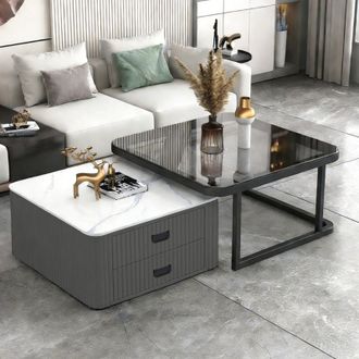 Generic Couchtisch 2er Set, Wei&szlig;e Marmor Satztisch mit Schubladen, Beistelltisch mit Metallrahmen und Glas, Platzsparender Moderne Sofatische f&uuml;r Schlafzimmer