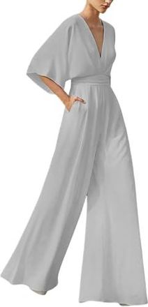 Generic Combinaison habill&eacute;e &agrave; manches pour femme - Col en V - Combinaison d&eacute;t&eacute; &eacute;l&eacute;gante - Jambe large - Manches 3/4 - Grenouill&egrave;re &agrave; jambes droites, gris, XX