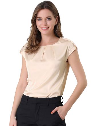 Allegra K Damen Satin Bluse Kurzarm Rundhals Fl&uuml;gel&auml;rmel Plissee Seide Top Shirt Arbeit Oberteil Beige S