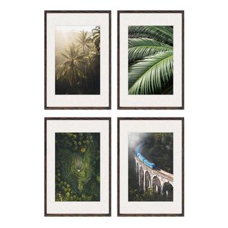 Photolini Bilderrahmen 40x60 Eiche dunkle 4er Set Holz MDF, Bilderrahmen 60x40 mit Passepartout, bruchsicheres Acrylglas, picture frame 40 x 60 zum Aufh&auml;ngen, e