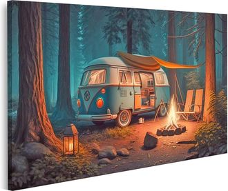 Islandburner Bild auf Leinwand Freizeitcamping mit Wohnmobil in offener Landschaft, Wald, Berge, Lagerfeuer Bilder Wandbilder Poster