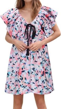 Generic Robes boh&egrave;me 2026 pour femmes, mini robe florale &agrave; manches bouffantes avec noeud et col en coeur et volants, violet, L