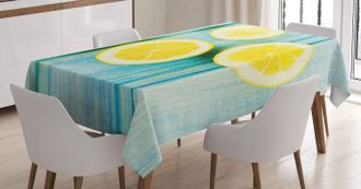 Abakuhaus Zitrone Tischdecke, Saftige Scheiben Holz, Für den Inn und Outdoor Bereich geeignet Waschbar Druck Klar Kein Verblassen, 140 x 170 cm, Himmelblau Gelb