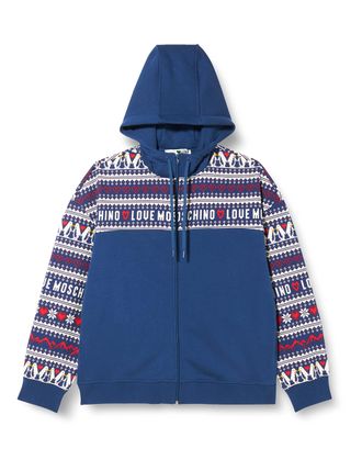 Love Moschino zippered hooded jacket in organic cotton-polyester fleece with sleeves and chest allover hearts & penguins printed