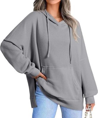 Generic Pull &agrave; capuche surdimensionn&eacute; pour femme d&eacute;contract&eacute; &agrave; manches longues en tricot avec cordon de serrage, gris, XXL