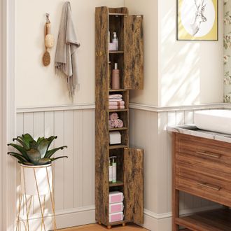 Giantex 179 cm Badezimmerschrank, schmaler Hochschrank mit 2 Türen, 3 offenen Ablagen, Haken & Toilettenpapierhalter, 20 x 20 cm Aufbewahrungsschrank für Büro