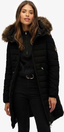 Superdry Fuji Mantel in mittlerer L&auml;nge mit Kapuze und faux-fur in Schwarz