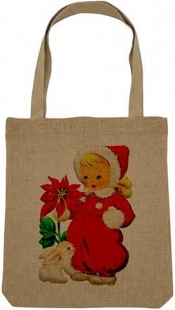 Fabulous Sac Shopping Tote Bag Aspect Lin - Enfant de Noel Lapin Mignon Vintage Retro 50s - Sac de Courses Toile Epaisse 360g Beige Naturel Cabas Port&eacute; Epaule 