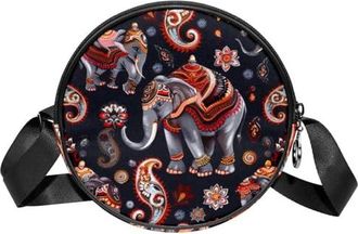 Generic Petit sac &agrave; bandouli&egrave;re circulaire pour femme, motif &eacute;l&eacute;phants, cachemire, petit sac &agrave; dos &agrave; bandouli&egrave;re avec fermeture &eacute;clair, bretelles r&eacute;glables, s