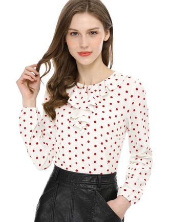 Allegra K Damen Shirt Langarm Rundhals Rüschen Volant Polka Dots Oberteil Gepunktet Bluse Weiß Rot S