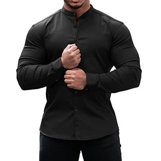 Generic Chemise en coton et lin pour homme, coupe d&eacute;contract&eacute;e, col rond, manches longues, couleur unie, coupe musculaire, cardigan l&eacute;ger &agrave; s&eacute;chage rapide pou