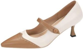 Generic Mary Janes Rétro Femme Bicolore Bout Pointu Dessus en Cuir PU Durable Bride avec Boucle Talons Mi-Chats À Enfiler Chaussures Soirée Bureau,Beige,38.5 