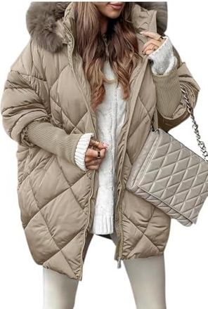 Minetom Manteau Femme Hiver Veste Matelass&eacute;e Parka Chaud Blouson Zipp&eacute; Manteaux &Agrave; Capuche Doudoune Mi Longue Jacket Casual Outercoat Avec Poches C Kaki XXL