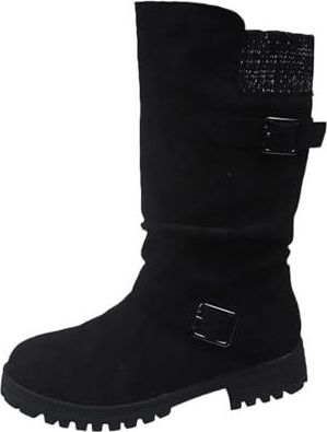 Generic Bottes mi-mollet d&eacute;contract&eacute;es &agrave; bout rond pour femme - &Eacute;l&eacute;gantes - Col en tricot - Boucle - Talon bas - Confortables - Coupe large - Pour lautomne et
