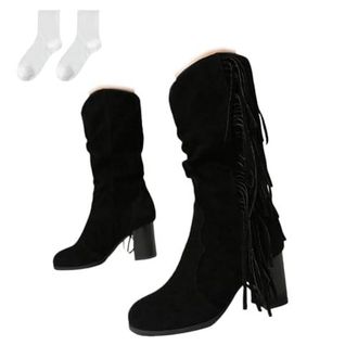 Generic Bottes Mi-Mollet Pour Femmes Avec Talon Carr&eacute;, Bottes D&eacute;quitation Tendance Aspect Daim Avec Design Pliss&eacute; Et Franges, Bottes Confortables &Agrave; Enfiler Po