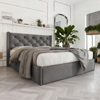 Generic Polsterbett 140x200 cm mit Hydraulik-Stauraum - Graue Baumwolle & Metallrahmen - Doppelbett inkl. Lattenrost