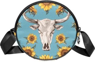 Generic Sac &agrave; bandouli&egrave;re rond pour femme, motif vache taureau, tournesol, petit sac &agrave; bandouli&egrave;re avec fermeture &eacute;clair, bretelles r&eacute;glables, sac &agrave; main rond