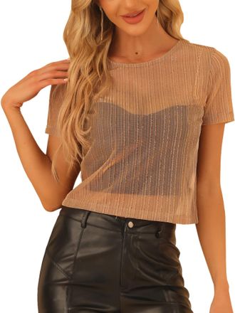 Allegra K Damen Shirt Kurzarm Rundhals Mesh Durchsichtig Party Glitzer Oberteil Top Bluse Orange S