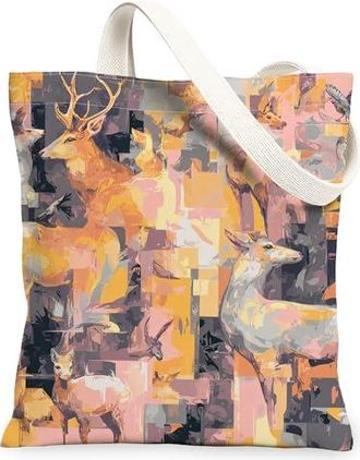 Generic Sacs fourre-tout en toile motif cerf, sacs d&eacute;picerie r&eacute;utilisables, inspir&eacute;s de lautomne, l&eacute;gers et lavables avec bandouli&egrave;re en toile F, multicolore,