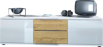 Vladon TV Lowboard Linio V1, Fernsehtisch mit 2 T&uuml;ren und 2 Schubladen - Wei&szlig;/Eiche Natur (138,5 x 37,5 x 35 cm)