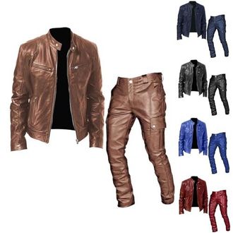 Generic Surv&ecirc;tement complet pour homme en cuir PU veste et pantalon 2 pi&egrave;ces ensemble veste et pantalon de jogging &agrave; manches longues imperm&eacute;able coupe ajust&eacute;e
