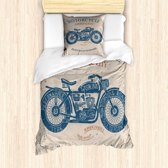 Abakuhaus Motorrad Bettbezug Set für Einzelbetten, Retro Chopper Reiter, Milbensicher Allergiker geeignet mit Kissenbezug, Blasses Sepia Dunkles Himmel Blau Bla