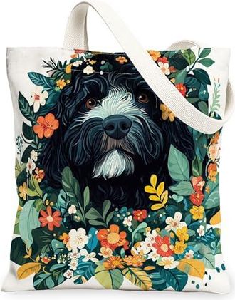 Generic Sac fourre-tout en toile motif chien portugais printanier 33 x 38,1 cm, sac d&eacute;picerie r&eacute;utilisable avec motif imprim&eacute; de plantes, fleurs, chiot pour f