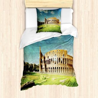 Abakuhaus Italien Bettbezug Set für Einzelbetten, Rom Sonnenuntergang Foto, Milbensicher Allergiker geeignet mit Kissenbezug, Mehrfarbig