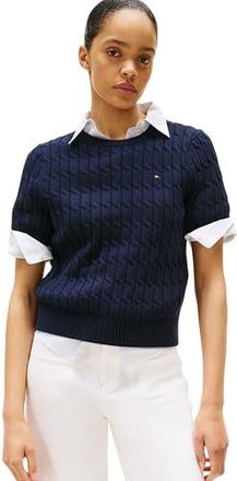 Tommy Hilfiger Pull Femme Cable Manches Courtes, Bleu (Dark Night Navy), M