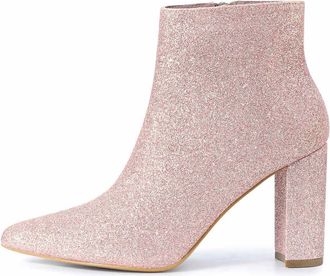 Allegra K Damen Glitzerstiefel mit spitzem Zehenbereich, klobiger Absatz, rose, 38 EU