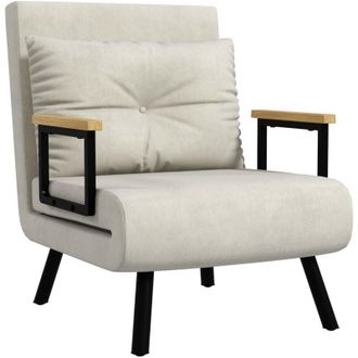 HOMCOM Fauteuil convertible 3 en 1 chauffeuse lit dossier r&eacute;glable coussin accoudoirs bois velours cr&egrave;me