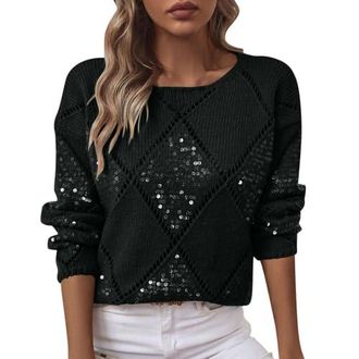 Generic Pull en crochet &agrave; col rond et manches longues pour femme Motif losanges, Noir, XXL