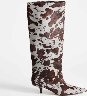 Topshop Tina - Bottes montantes en cuir v&eacute;ritable fa&ccedil;on poulain &agrave; petit talon et imprim&eacute; l&eacute;opard - Gris-Neutre