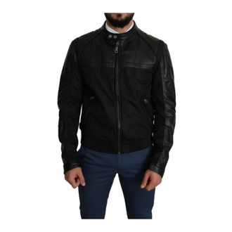 Dolce & Gabbana Homme, Vestes, Noir, Taille: M Bomber en Cuir Noir avec Bord